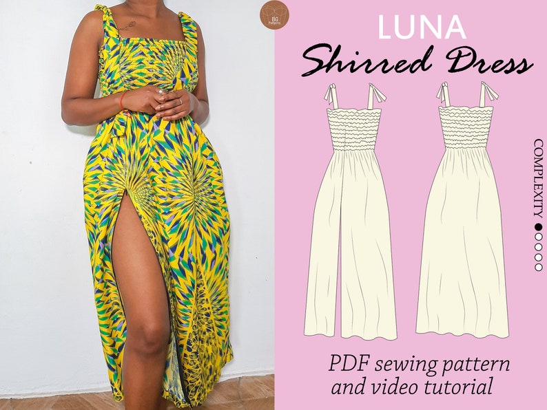 LUNA Shirred Midi Dress Sewing PDF, Sewing Digital Pdf Pattern ...