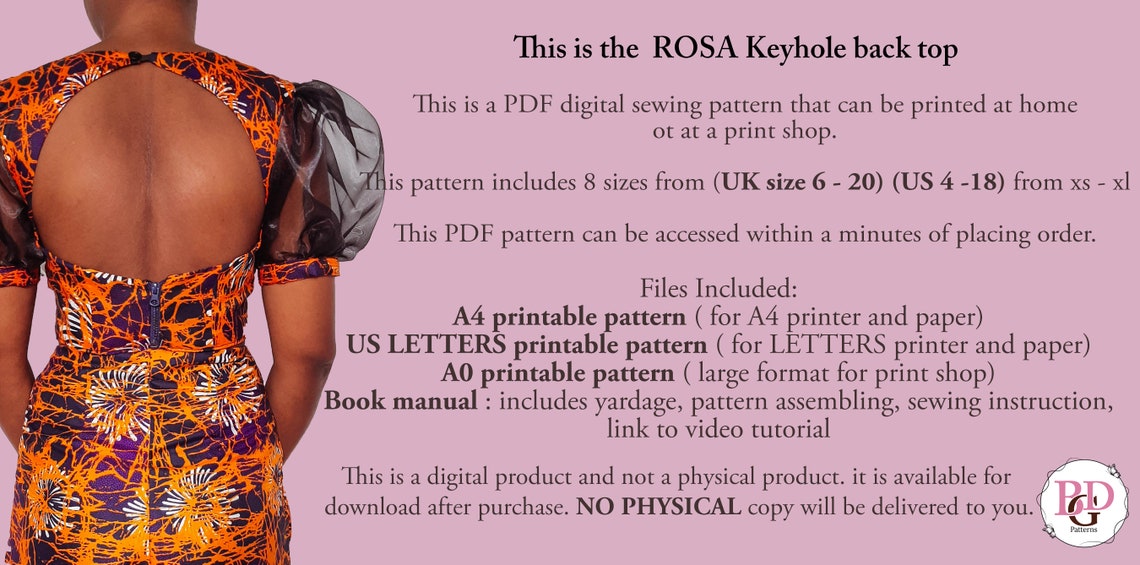 ROSA Keyhole Back Top Sewing Pdf Digital Pattern, Open Back Top Sewing ...