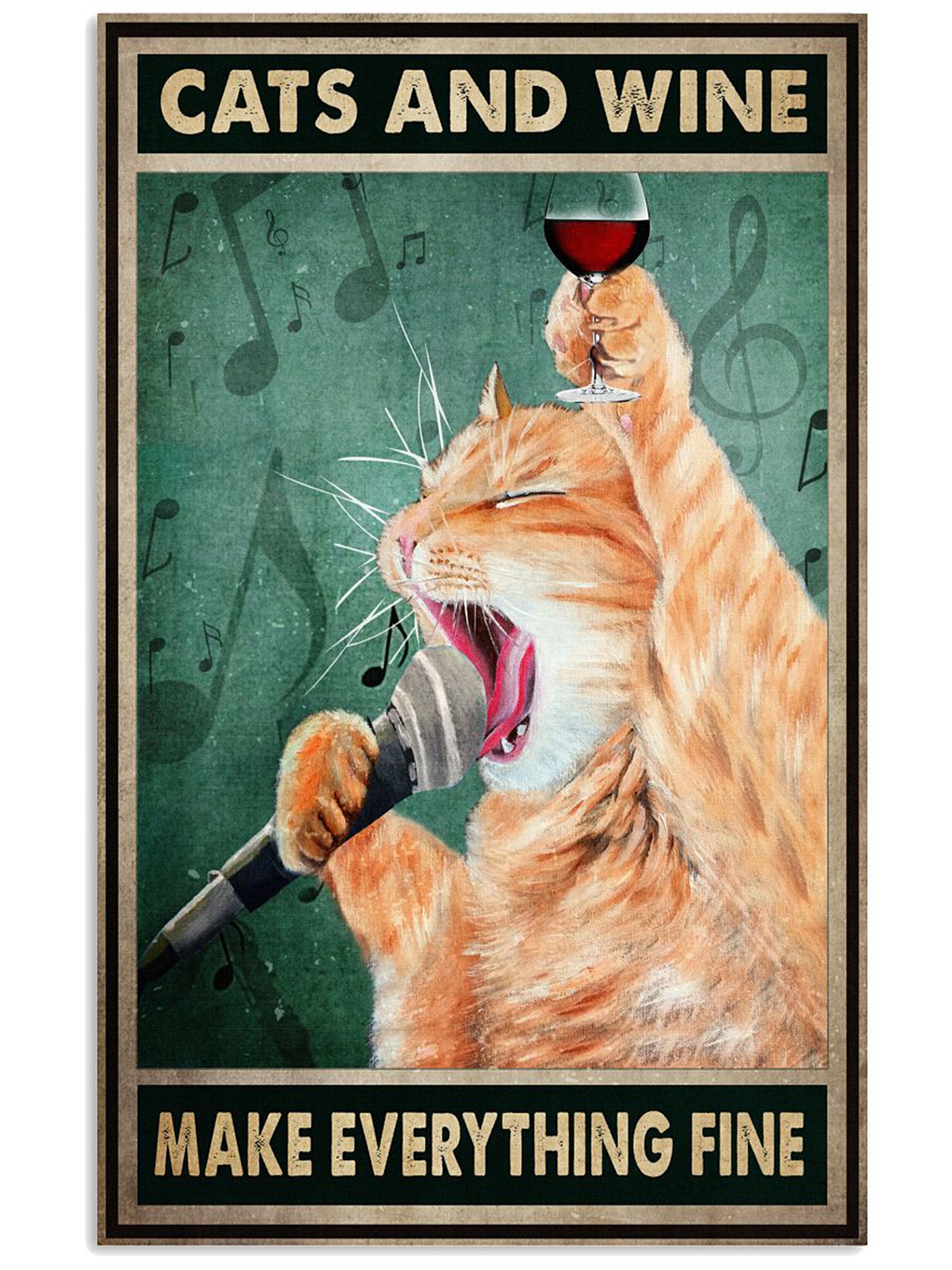 Cats and Wine Make Everything Fine Poster, Cat Lover Gift, Vintage Cat Wall Art Home Decor ...