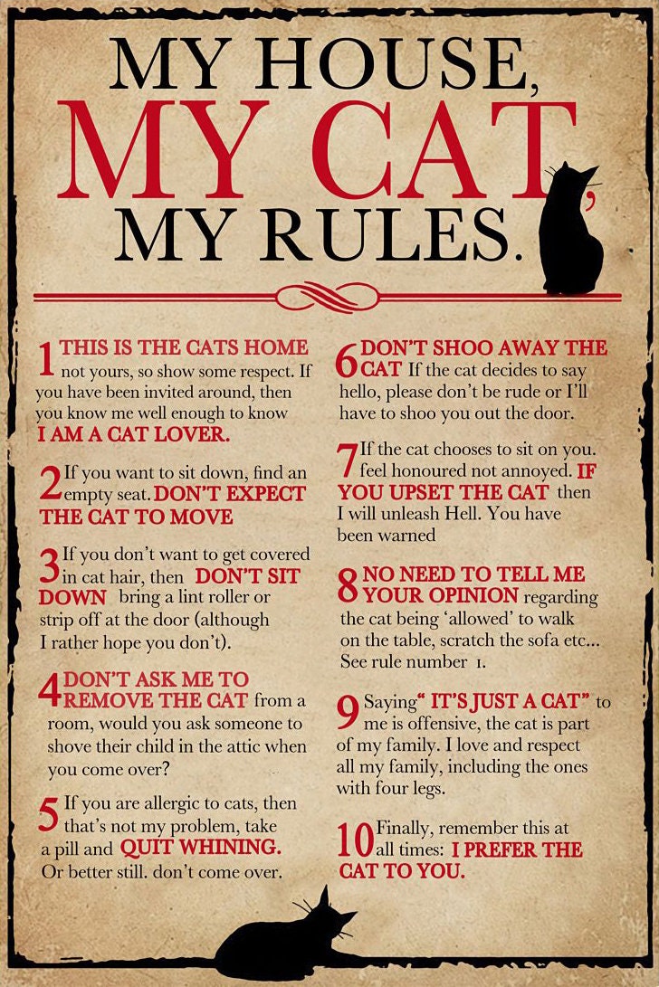 My House My Cat My Rules Poster, Love Cat Vintage Gift Wall Art Home ...