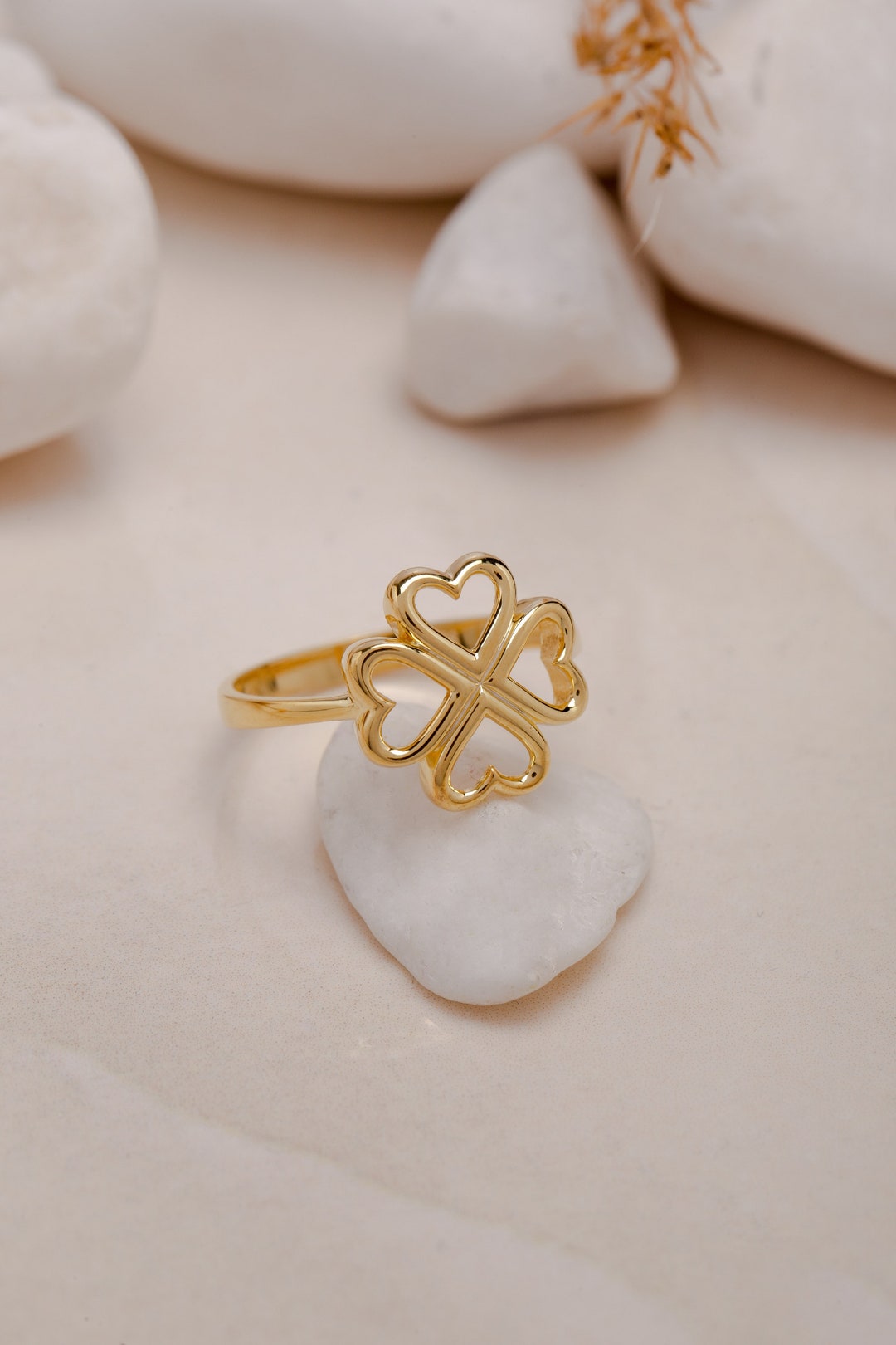 14K Gold Clover Ring, Four Leaf Charm Ring, Artisan-made Lucky Symbol ...