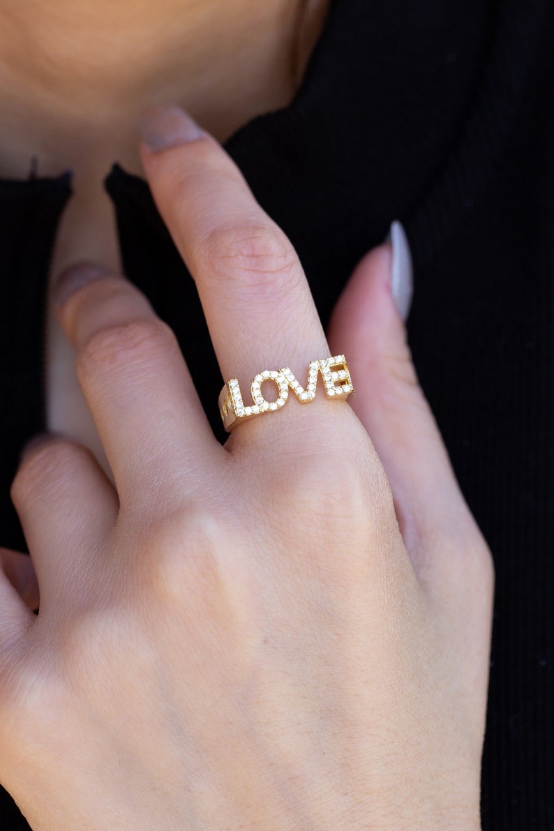 14K Solid Love Word Ring 925 Silver Delicate Love Ring - Etsy