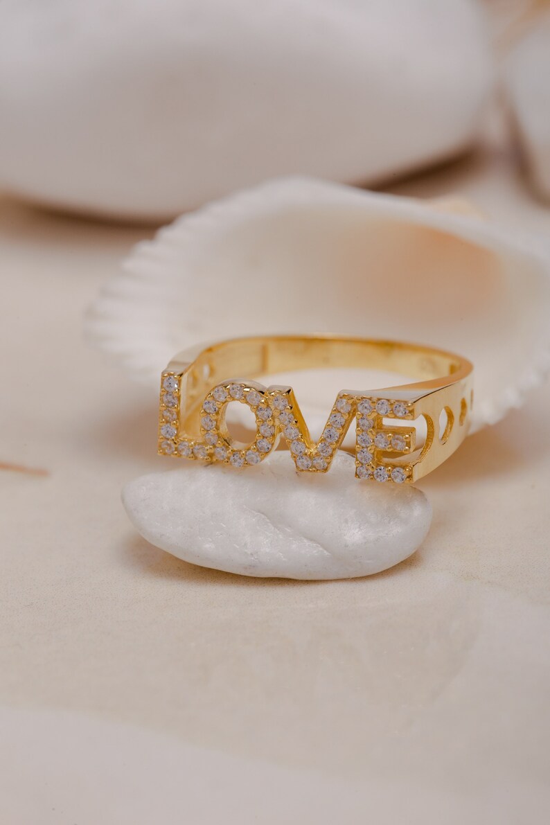 14K Solid Love Word Ring 925 Silver Delicate Love Ring - Etsy
