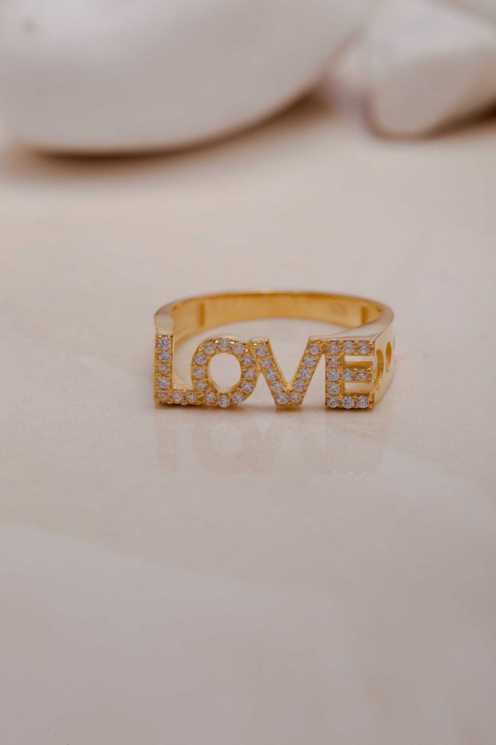14K Solid Love Word Ring 925 Silver Delicate Love Ring - Etsy