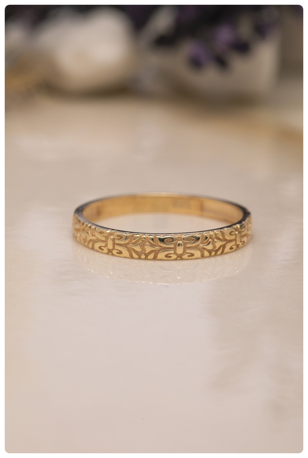 14K Engraved Gold Ring, Patterned Gold Ring, Vintage Style Ring ...