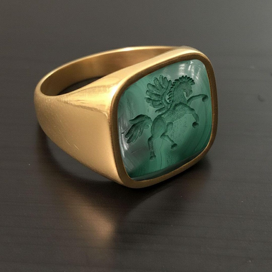 Hand-carved Malachite Signet Ring: Solid Gold and Sterling Silver Seal ...