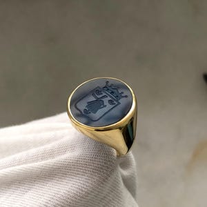 Blue Agate Family Crest Signet Ring: Custom Engraved, Sterling Silver ...