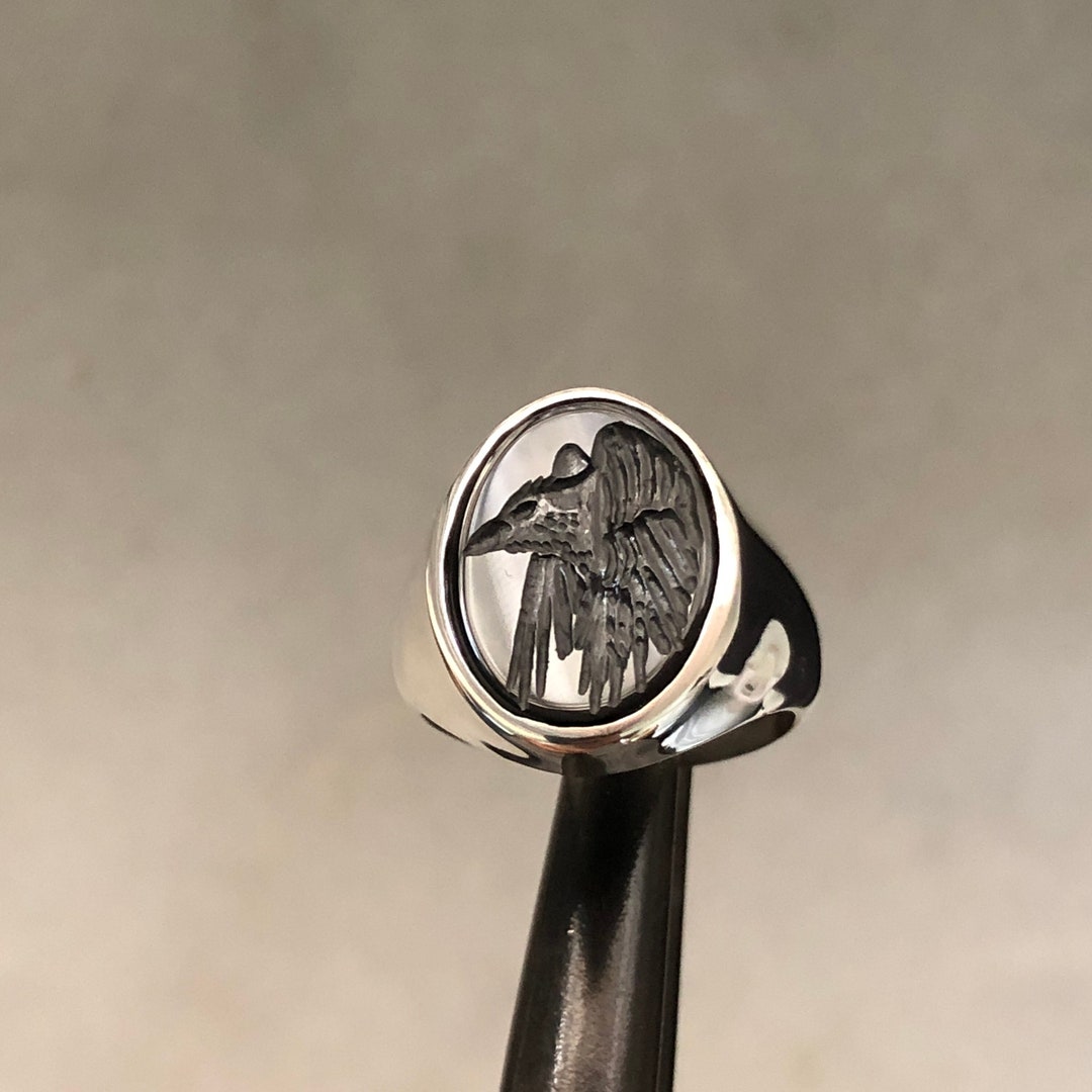 Carved Crow - Raven Natural Stone Signet Ring - Viking Symbols - Etsy