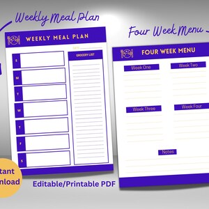 Weekly Meal Plan and Four Week Menu Editable Meal Plan Weekly Meal Plan ...
