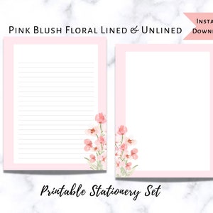 Pink Blush Floral Printable Stationery Set Printable Lined and Unlined ...