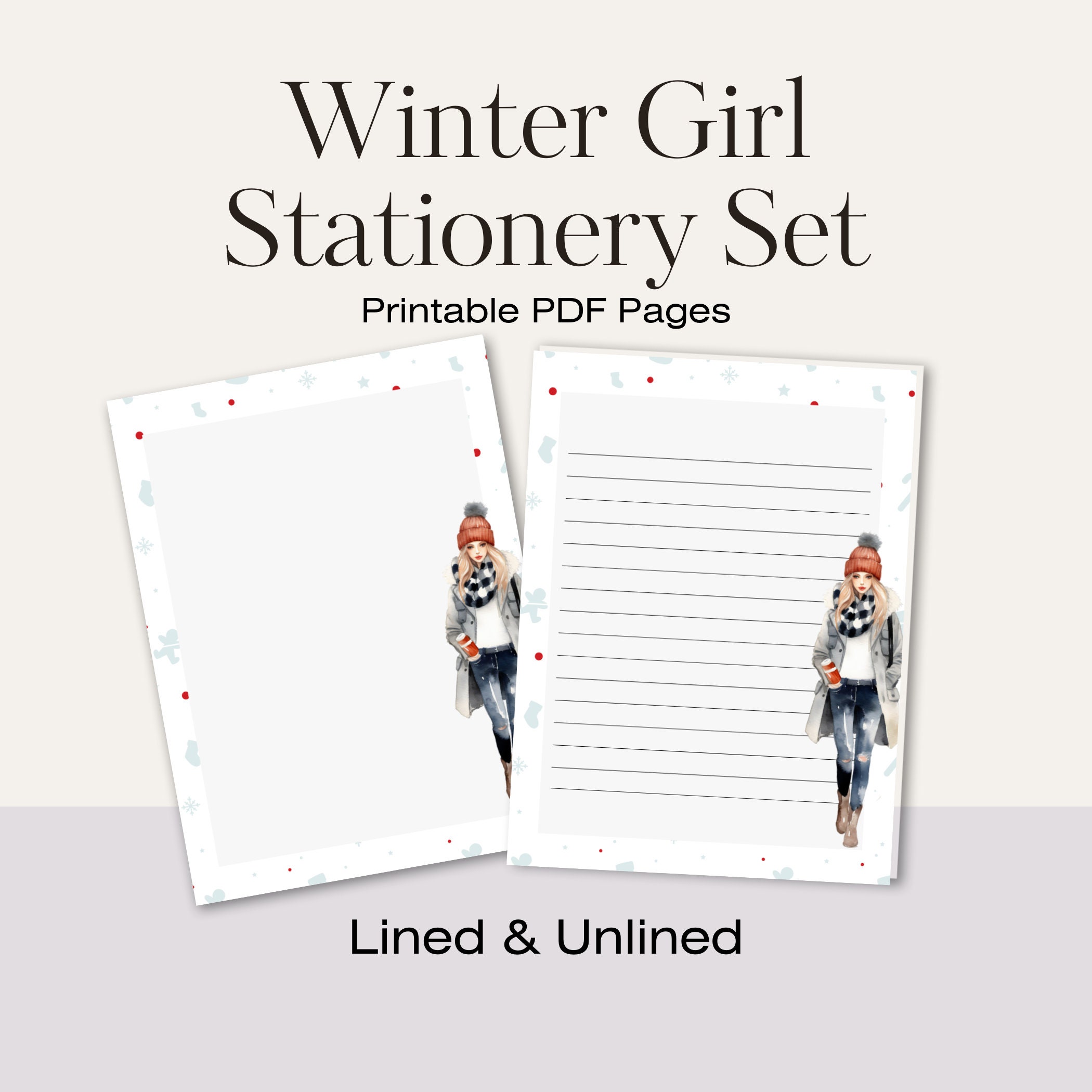 Winter Girl Printable Stationery Set Lined and Unlined Stationery Set ...