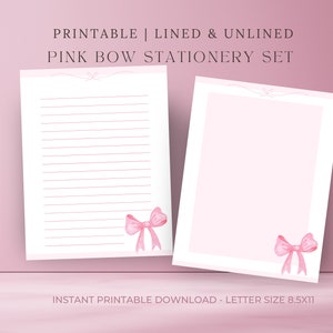 Pink Bow Printable Stationery Set for Her Printable Lined and Unlined ...