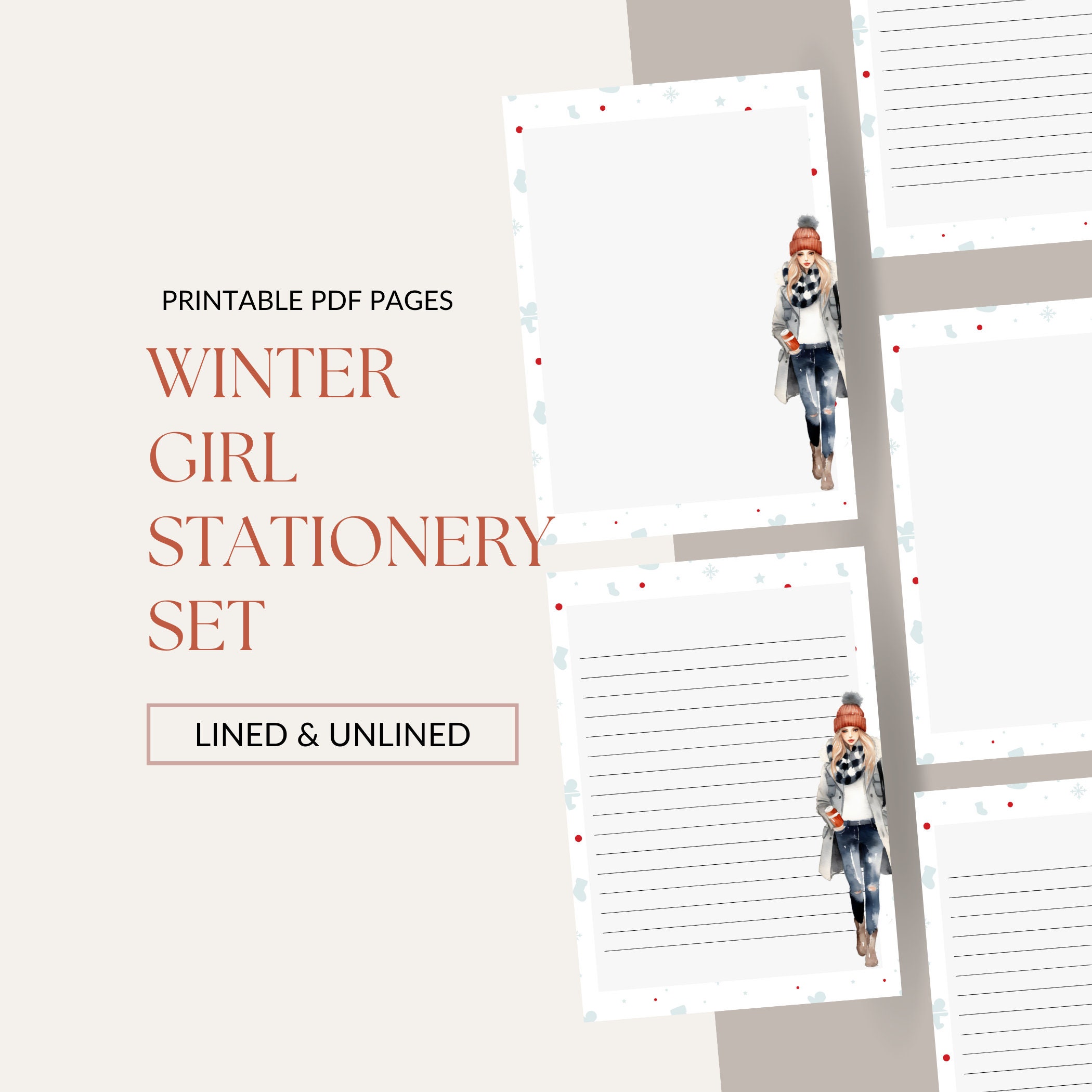 Winter Girl Printable Stationery Set Lined and Unlined Stationery Set ...