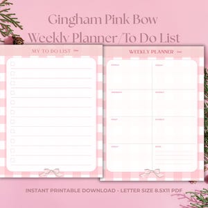 Gingham Pink Bow Printable Weekly Planner Cute Gingham Pink Printable ...