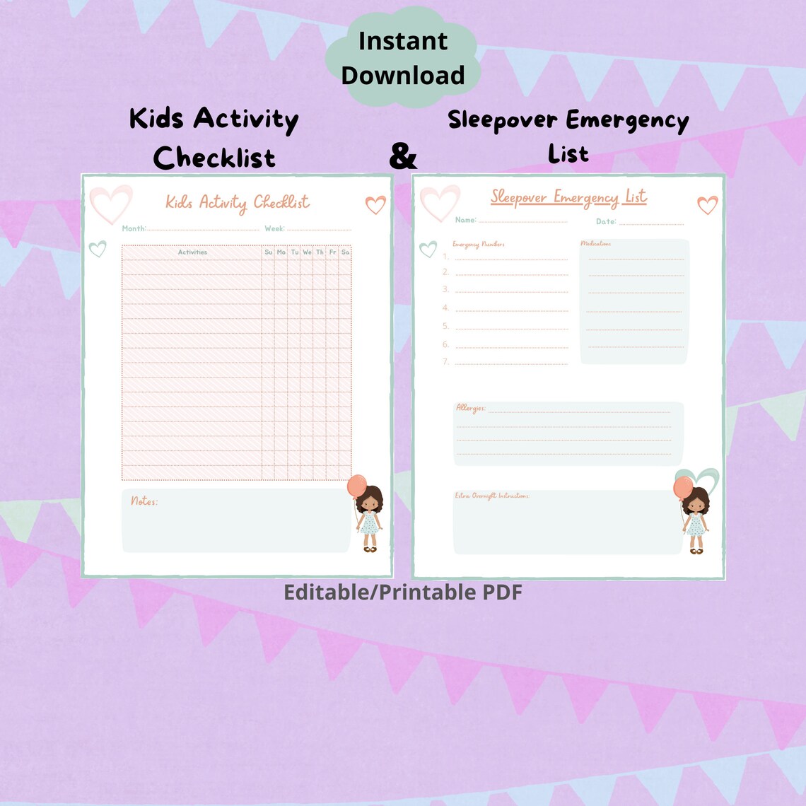 Editable Kids Activity Checklist and Sleepover Emergency List Printable ...