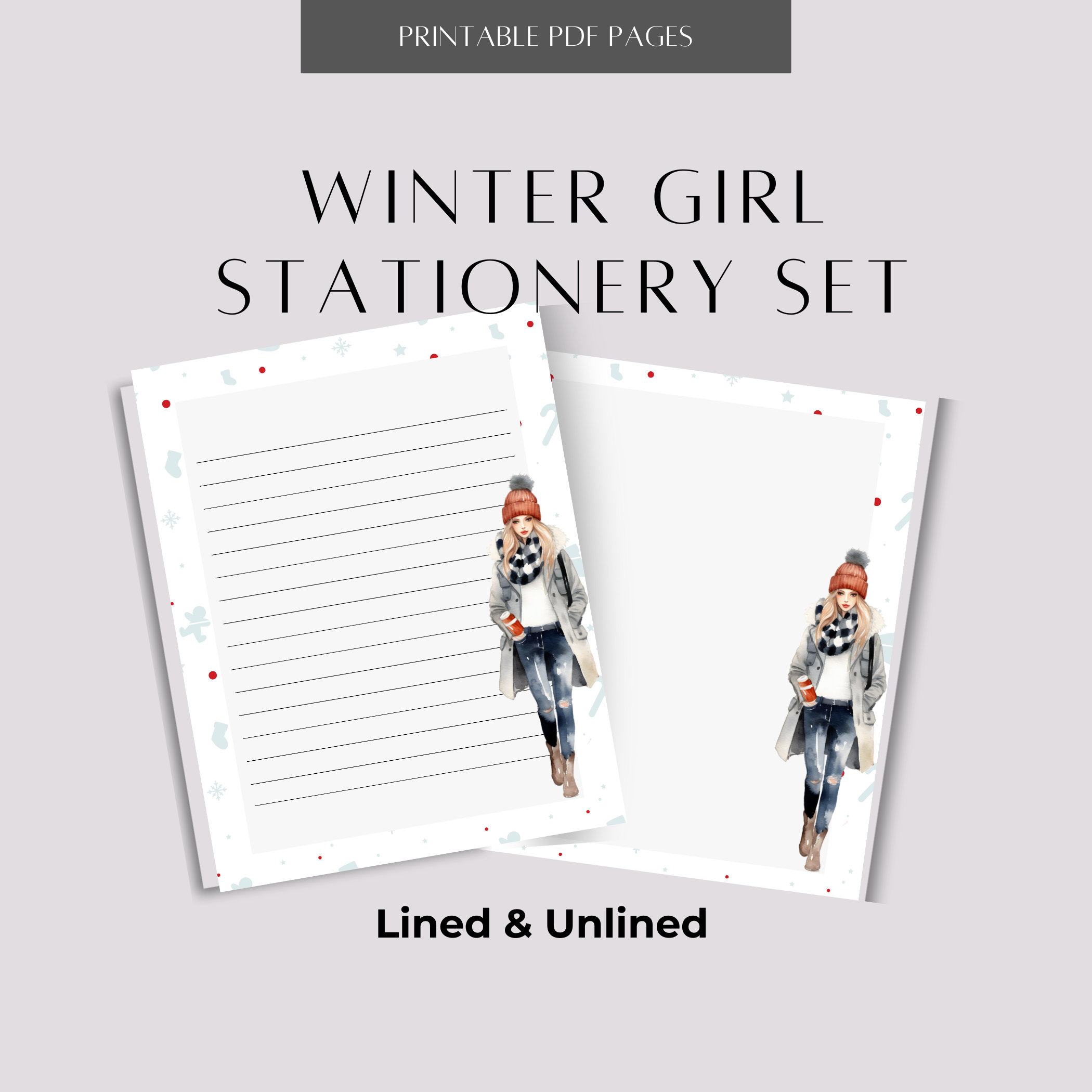 Winter Girl Printable Stationery Set Lined and Unlined Stationery Set ...