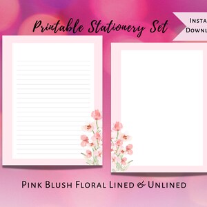 Pink Blush Floral Printable Stationery Set Printable Lined and Unlined ...