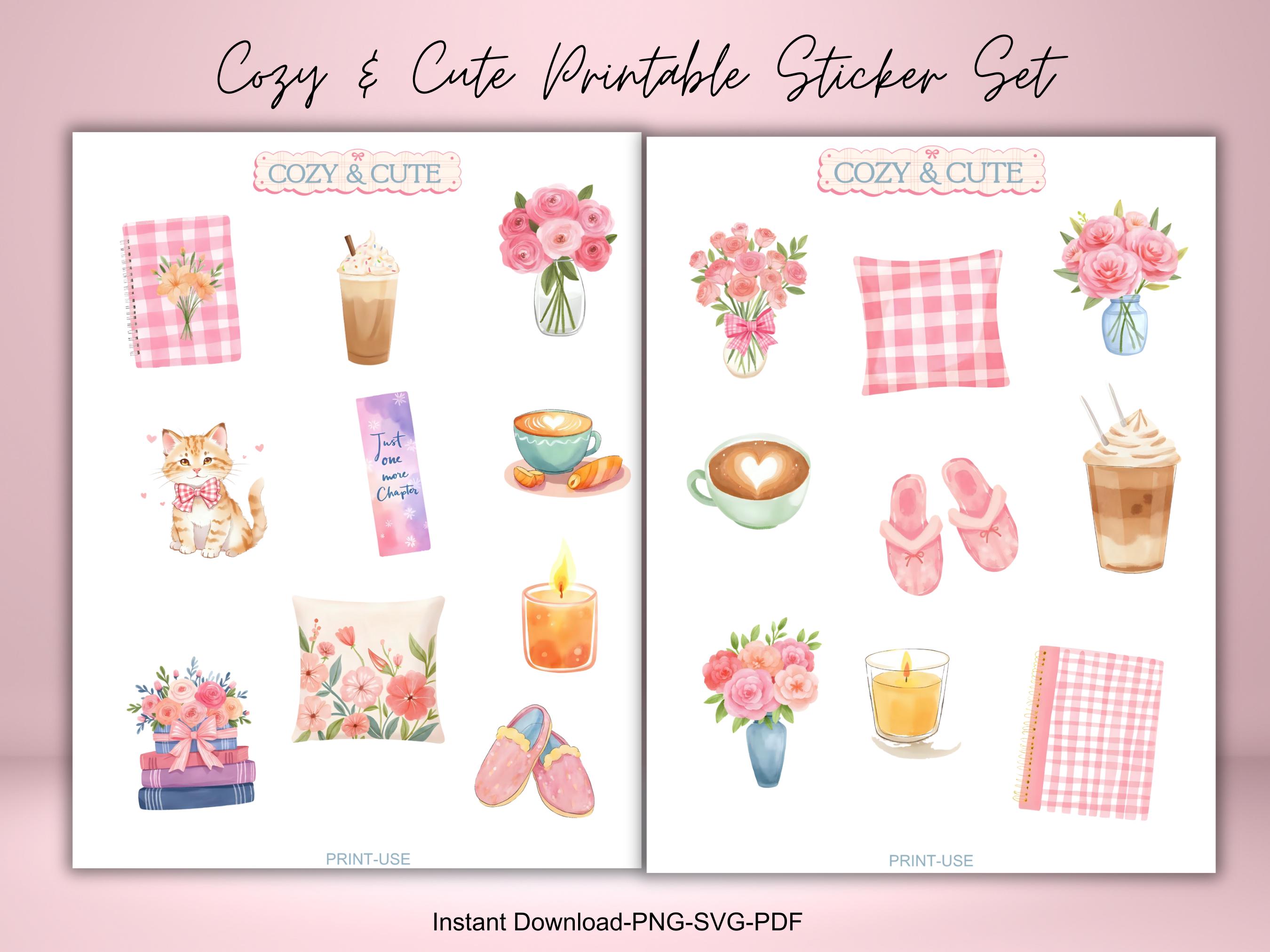 Printable Cozy Cute Sticker Sheet Set Digital Download Girly Sticker ...