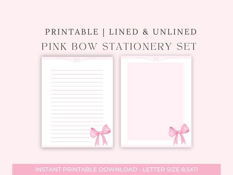 Pink Bow Printable Stationery Set for Her Printable Lined and Unlined ...