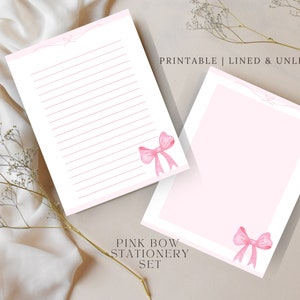 Pink Bow Printable Stationery Set for Her Printable Lined and Unlined ...