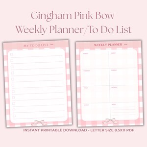 Gingham Pink Bow Printable Weekly Planner Cute Gingham Pink Printable ...