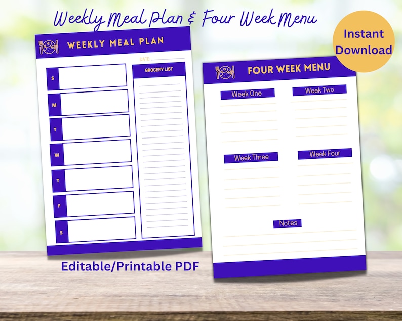 Weekly Meal Plan Four Week Menu Editable Meal Plan Weekly Meal Plan ...