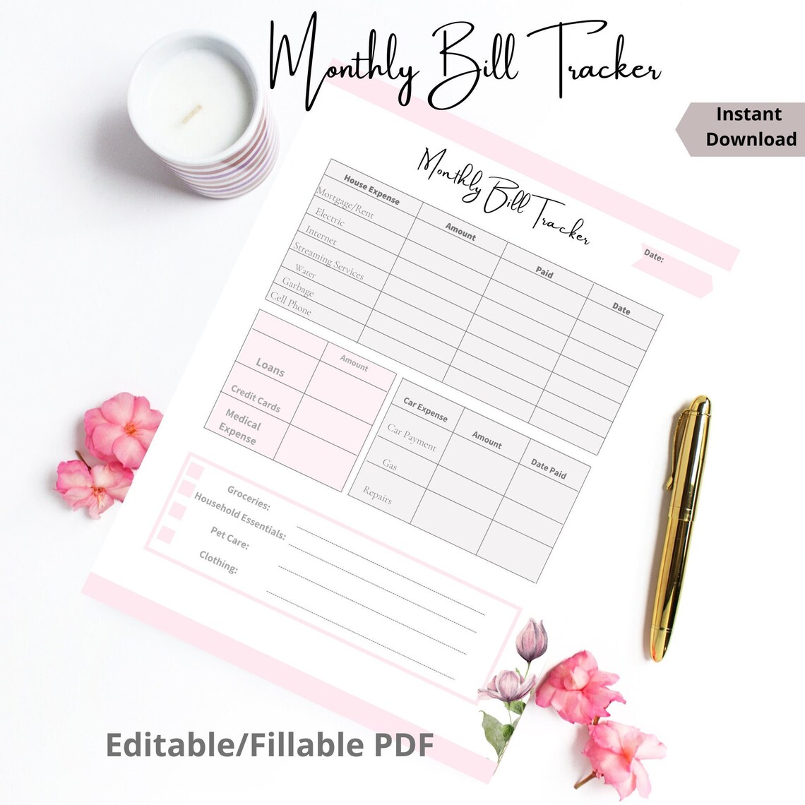 Monthly Bill Tracker Monthly Bill Log Editable Bill Planner Bill ...