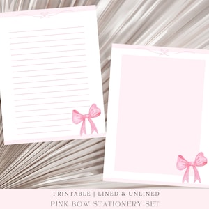 Pink Bow Printable Stationery Set for Her Printable Lined and Unlined ...