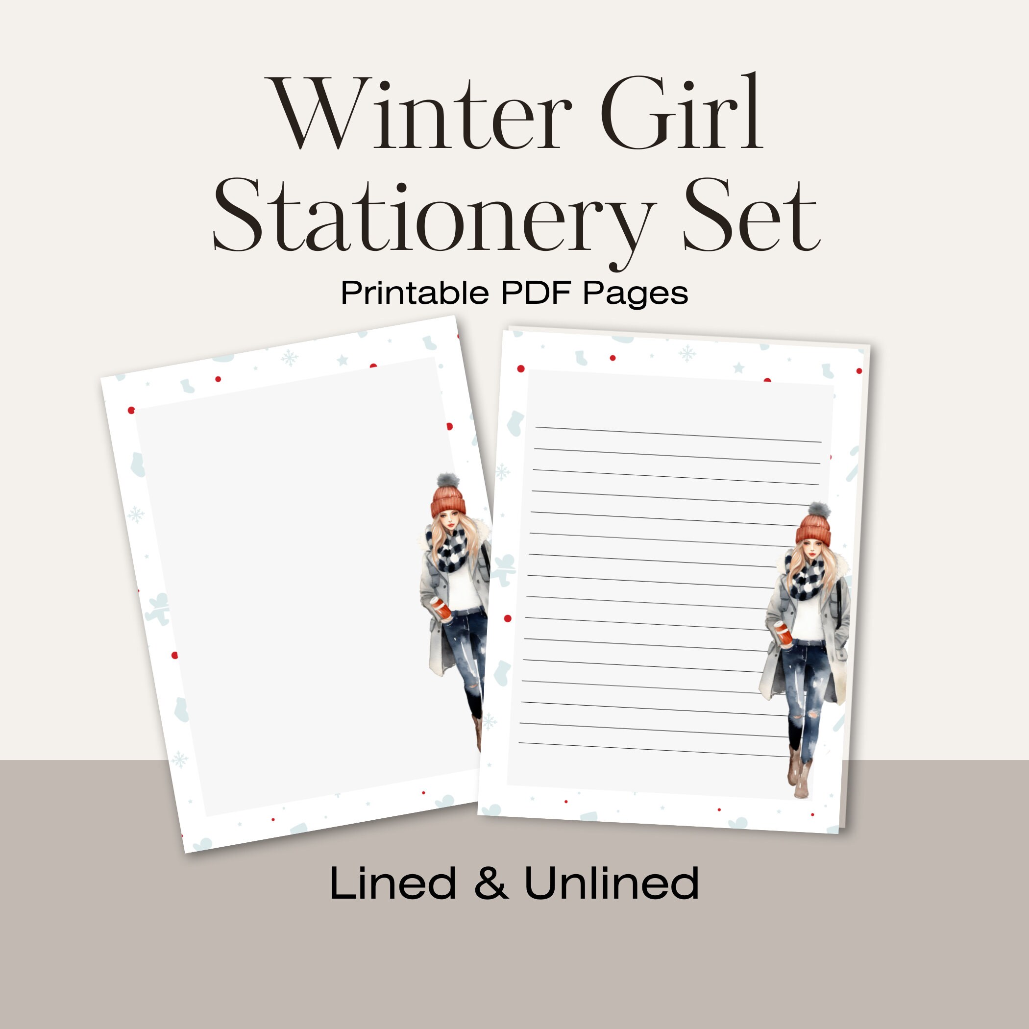 Winter Girl Printable Stationery Set Lined and Unlined Stationery Set ...
