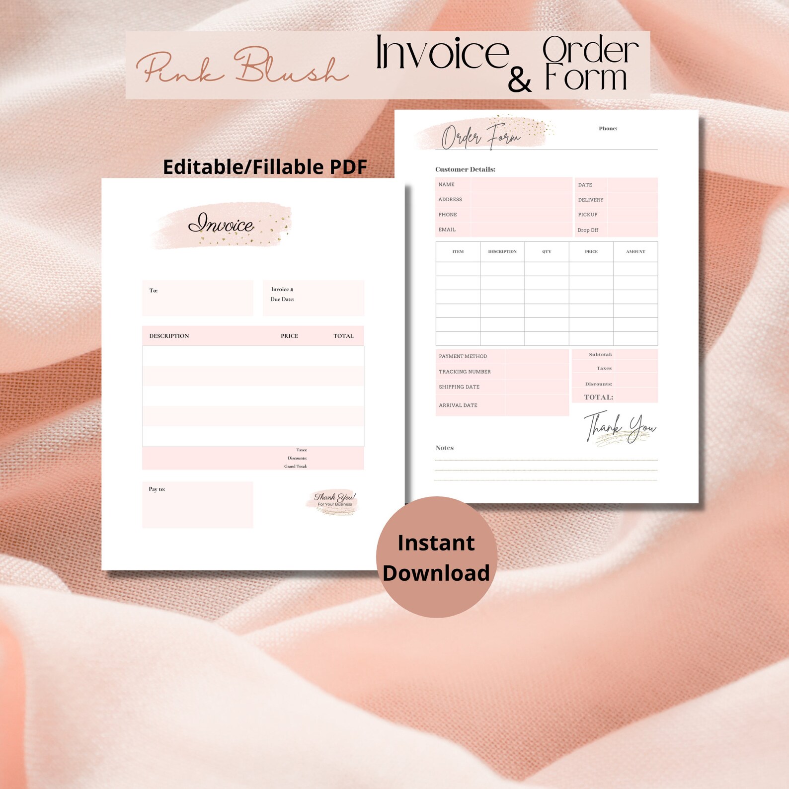 Editable Invoice Order Form Bundle Pink Blush Invoice & Order Form ...