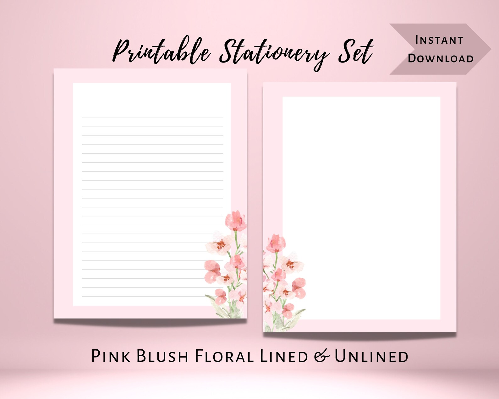 Pink Blush Floral Printable Stationery Set Printable Lined and Unlined ...