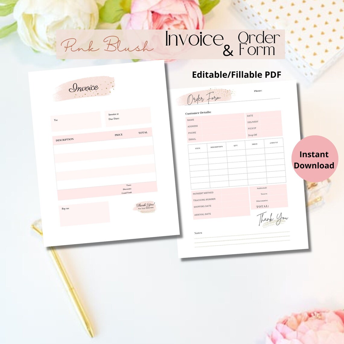 Editable Invoice Order Form Bundle Pink Blush Invoice & Order Form ...