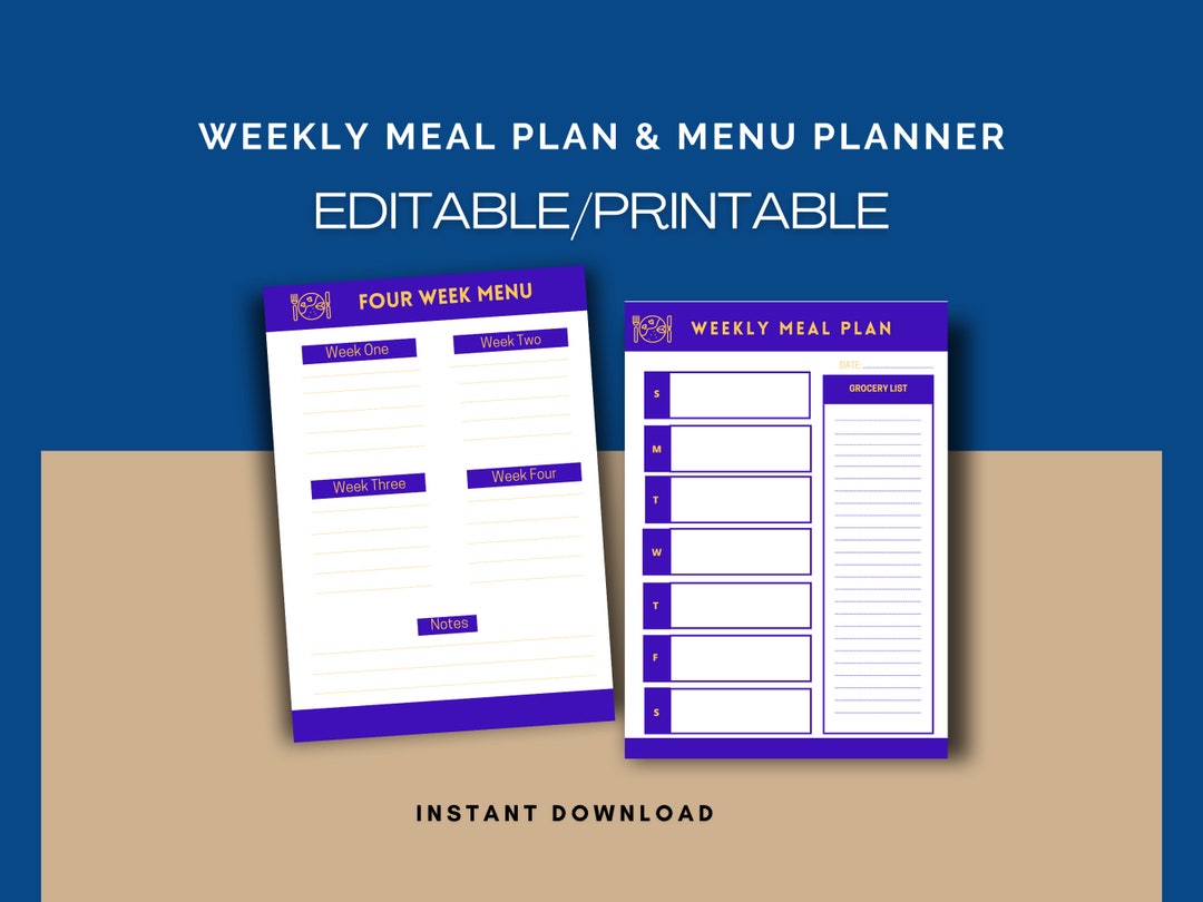 Weekly Meal Plan and Four Week Menu Editable Meal Plan Weekly Meal Plan ...