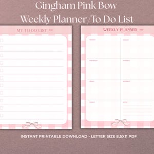 Gingham Pink Bow Printable Weekly Planner Cute Gingham Pink Printable ...