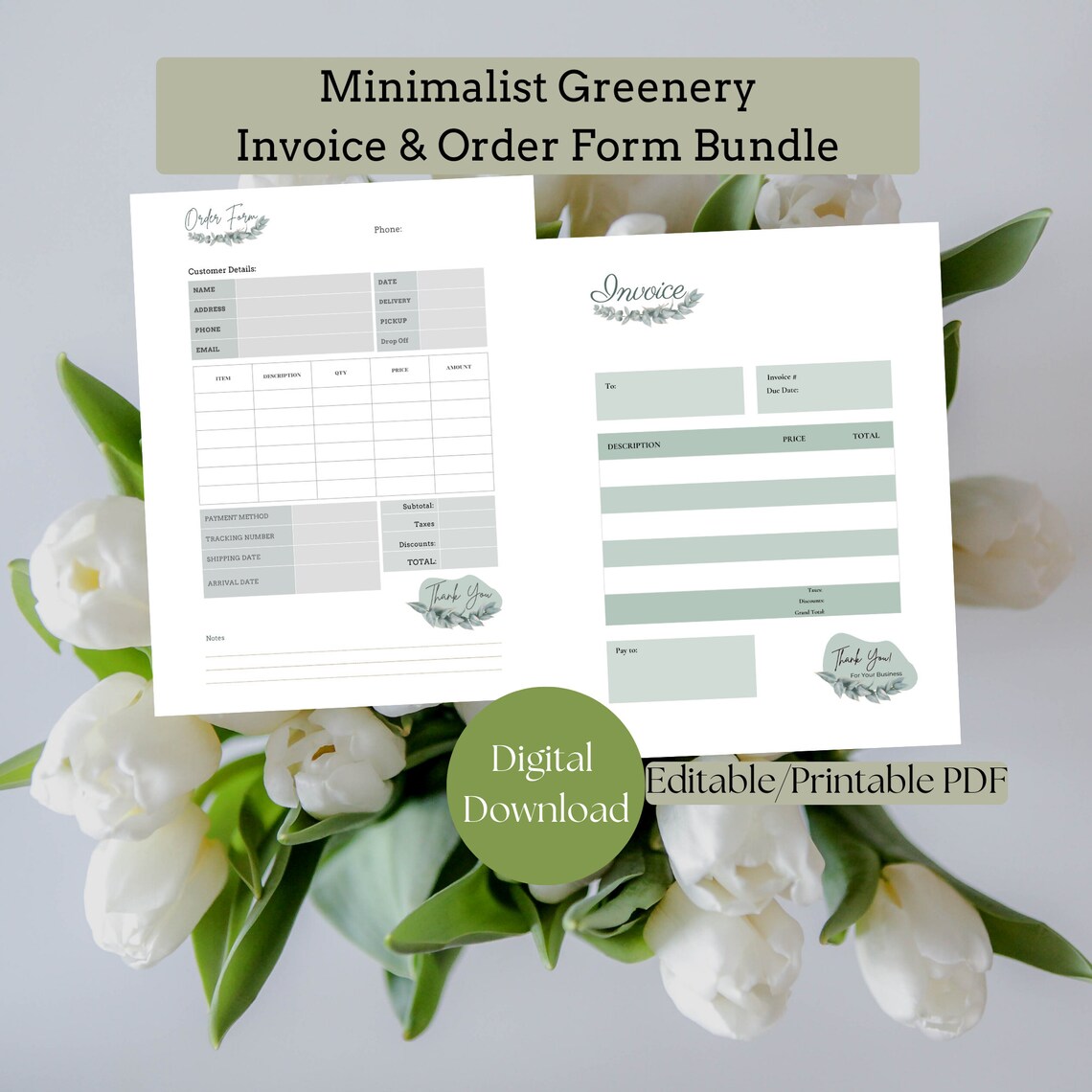Editable Invoice Order Form Bundle Minimalist Greenery - Etsy