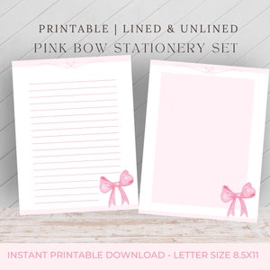 Pink Bow Printable Stationery Set for Her Printable Lined and Unlined ...