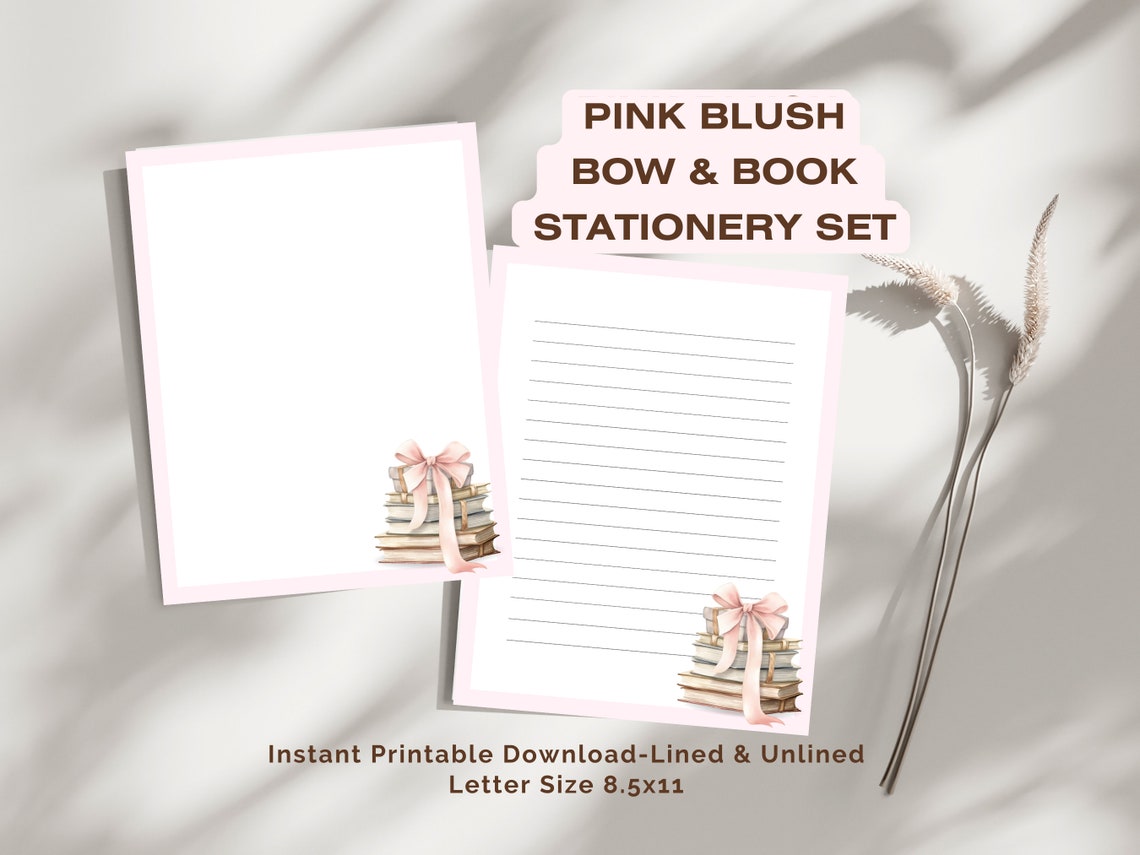 Pink Blush Book Bow Printable Stationery Set for Her Printable Book ...