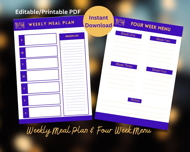 Weekly Meal Plan Four Week Menu Editable Meal Plan Weekly Meal Plan ...