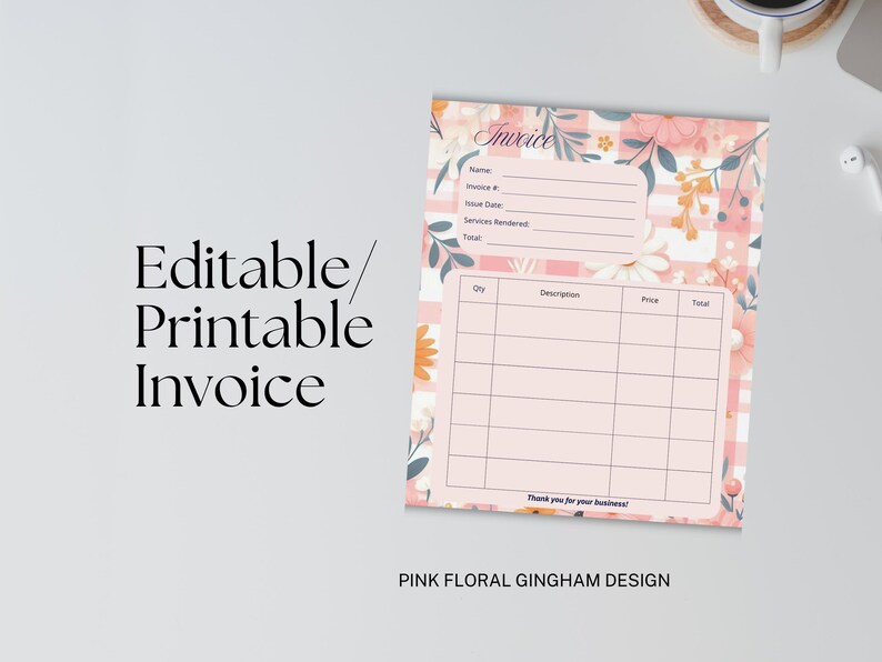 Editable Invoice Template Pink Floral Gingham Printable Invoice for ...