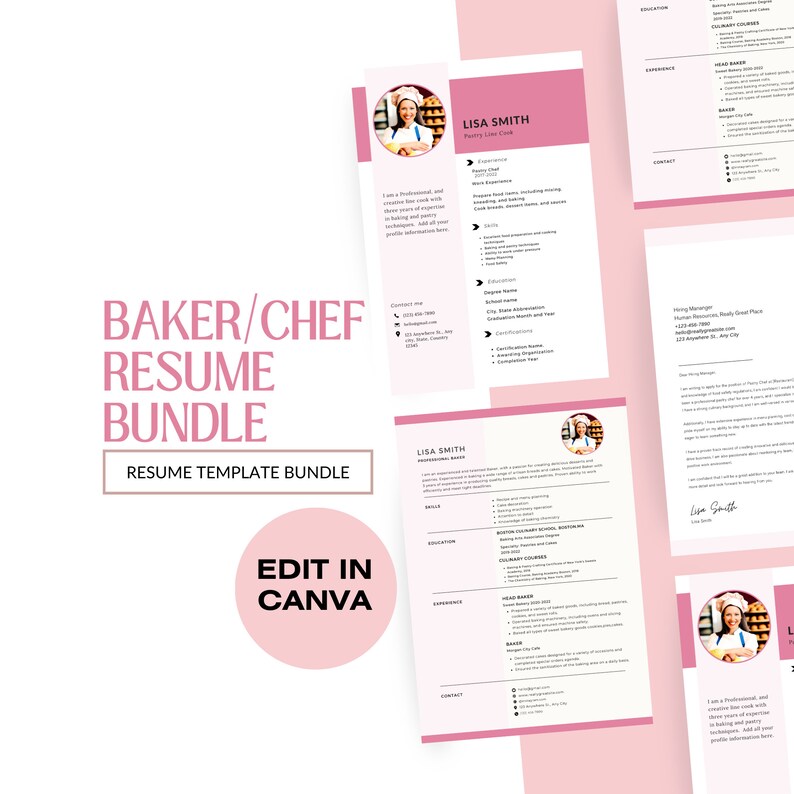 Resume Template Bundle Editable Professional Chef Baker Resume Template Cover Letter in Canva ...