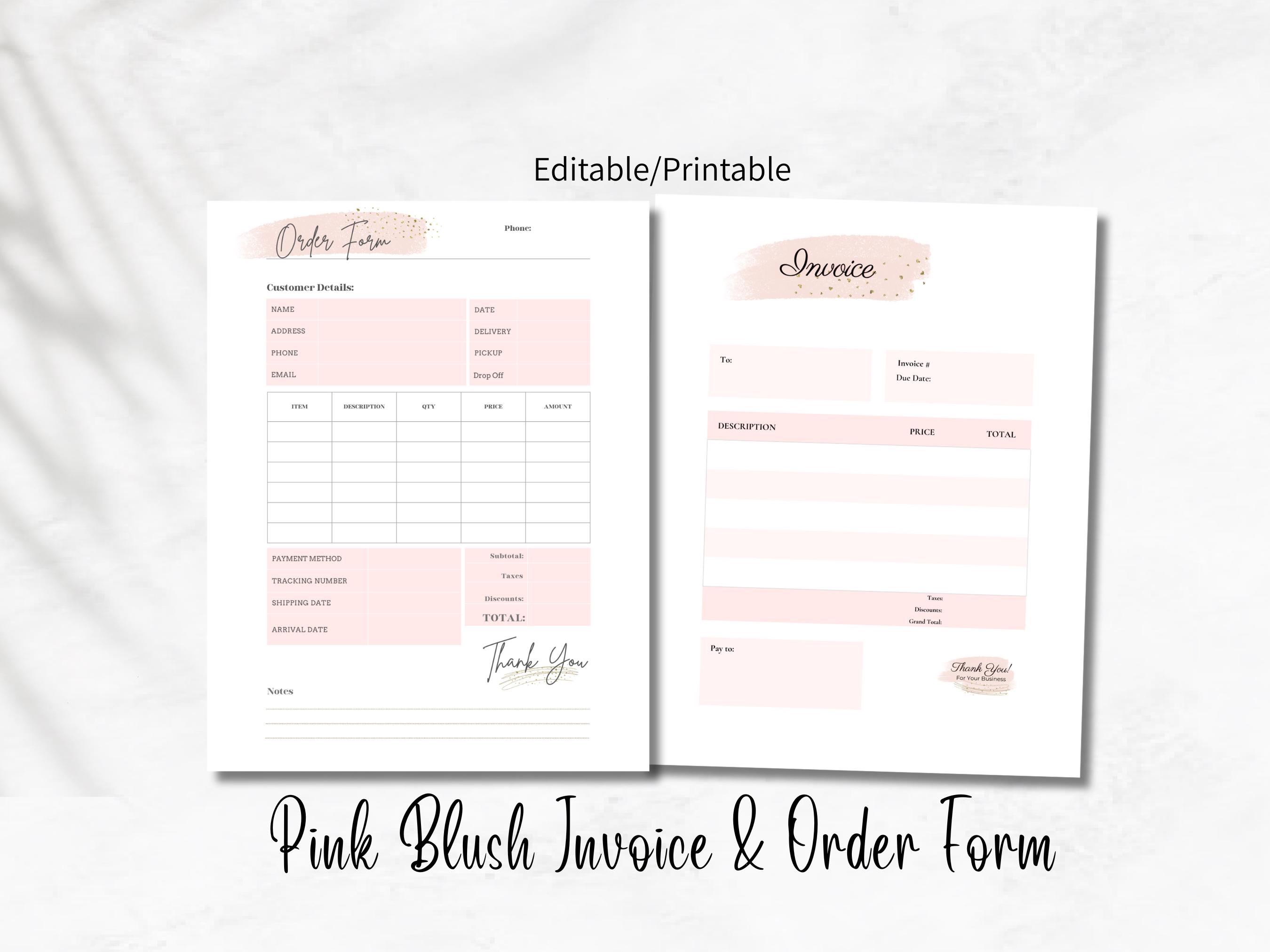 Editable Invoice Order Form Bundle Pink Blush Invoice & Order Form ...