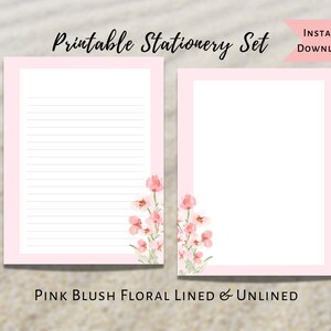 Pink Blush Floral Printable Stationery Set Printable Lined and Unlined ...