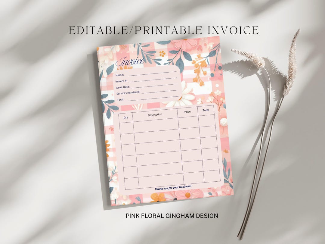 Editable Invoice Template Pink Floral Gingham Printable Invoice for ...