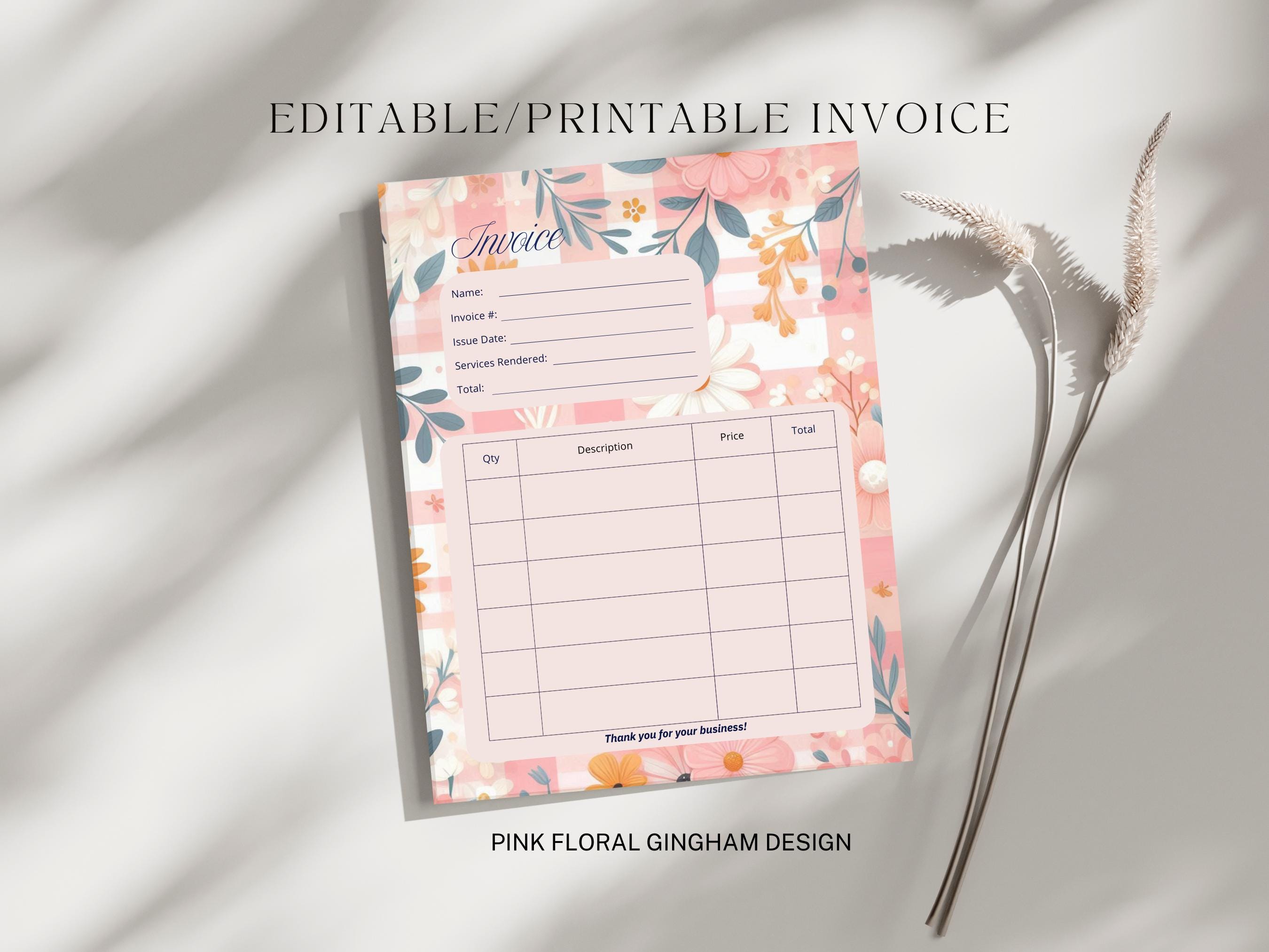 Editable Invoice Template Pink Floral Gingham Printable Invoice for ...