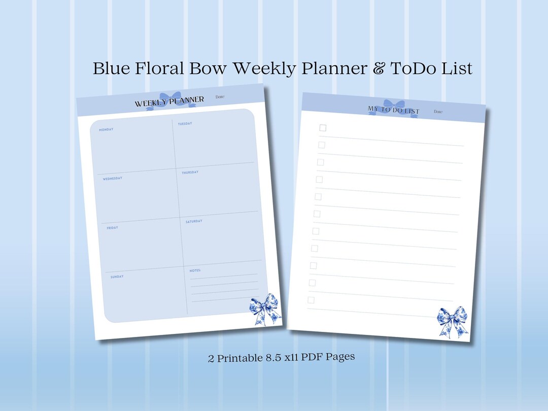 Blue Floral Bow Printable Daily Planner Cute Blue Floral Bow Printable ...
