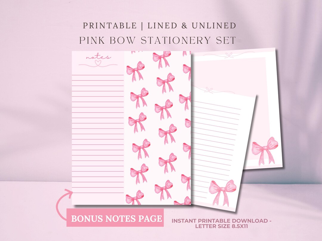 Pink Bow Printable Stationery Set for Her Printable Lined and Unlined ...