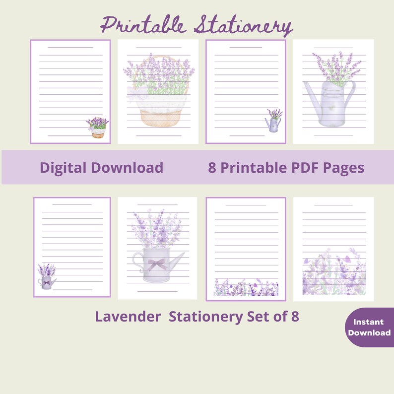 Lavender Printable Stationery Set Digital Download Set of 8 Floral ...