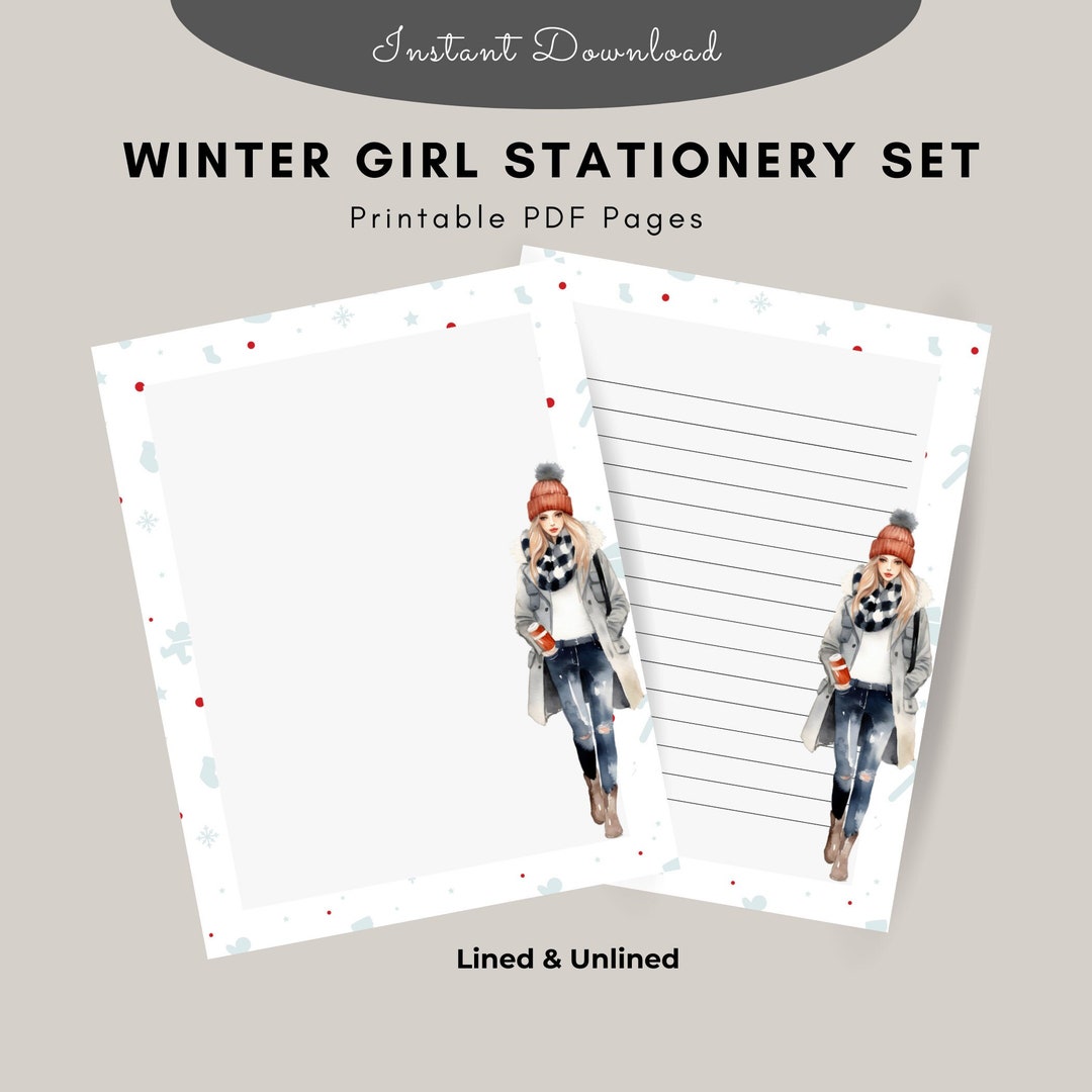Winter Girl Printable Stationery Set Lined and Unlined Stationery Set ...