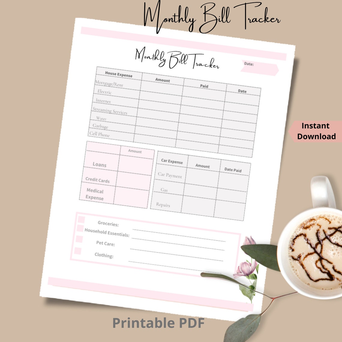 Monthly Bill Tracker Monthly Bill Log Editable Bill Planner Bill ...