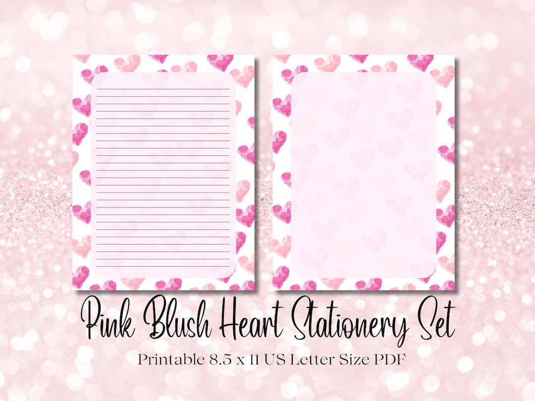 Pink Blush Watercolor Heart Printable Stationery Set for Her Heart Pink ...